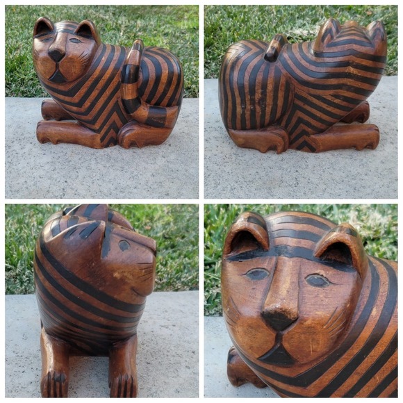 Handmade | Accents | Vtg Large Wooden Striped Cat Statue With Hidden ...
